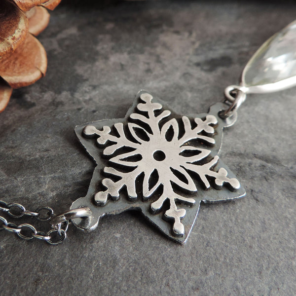 Silver Snowflake Necklace with Clear Quartz Crystal - A Twist of Whimsy